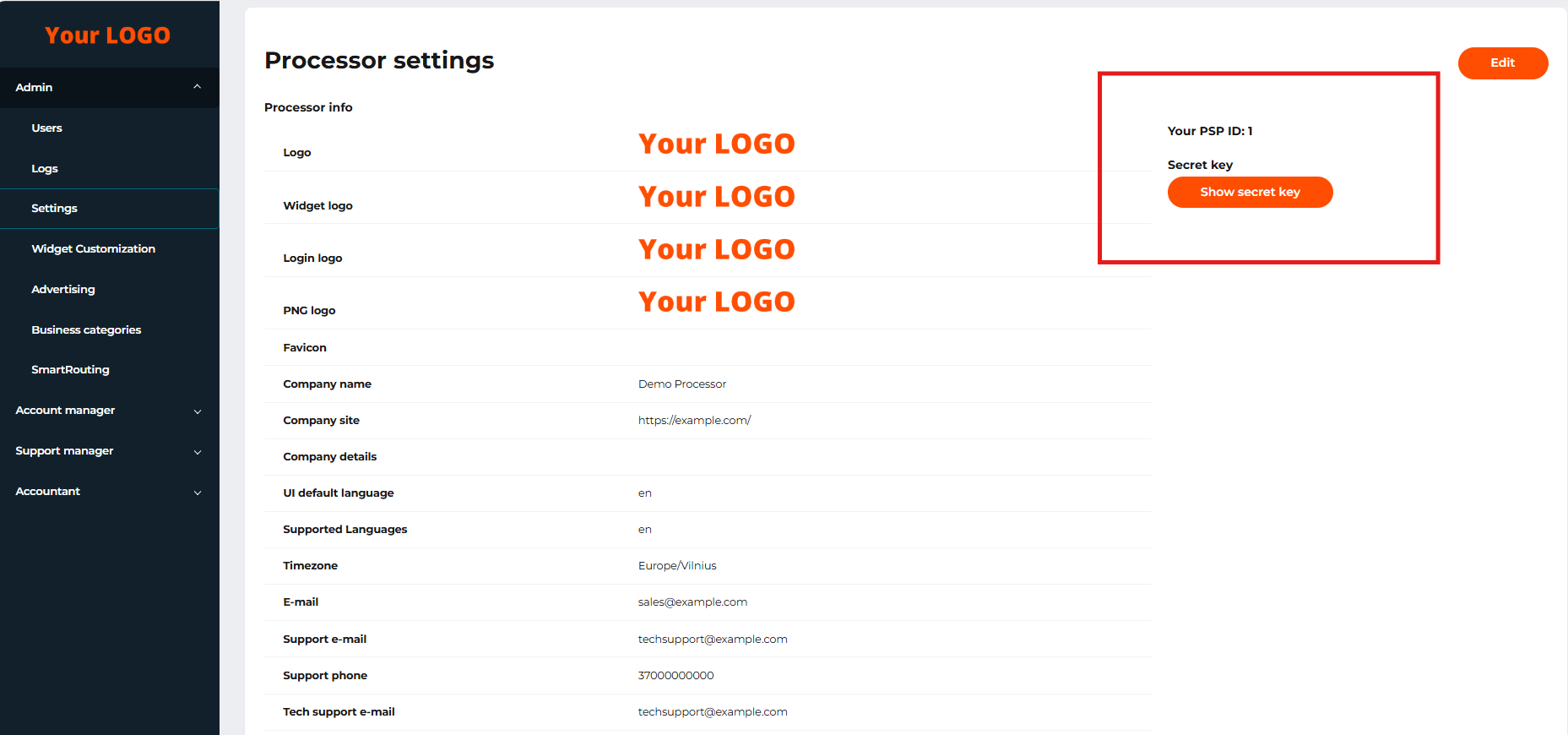 PSP ID and Secret key - PSP API documentation