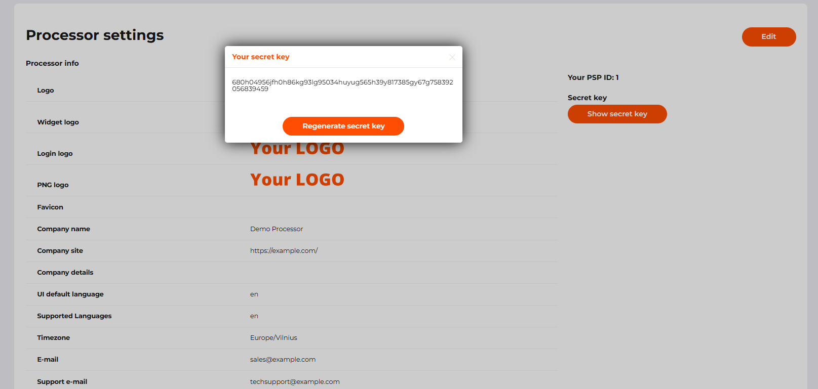 PSP ID and Secret key - PSP API documentation